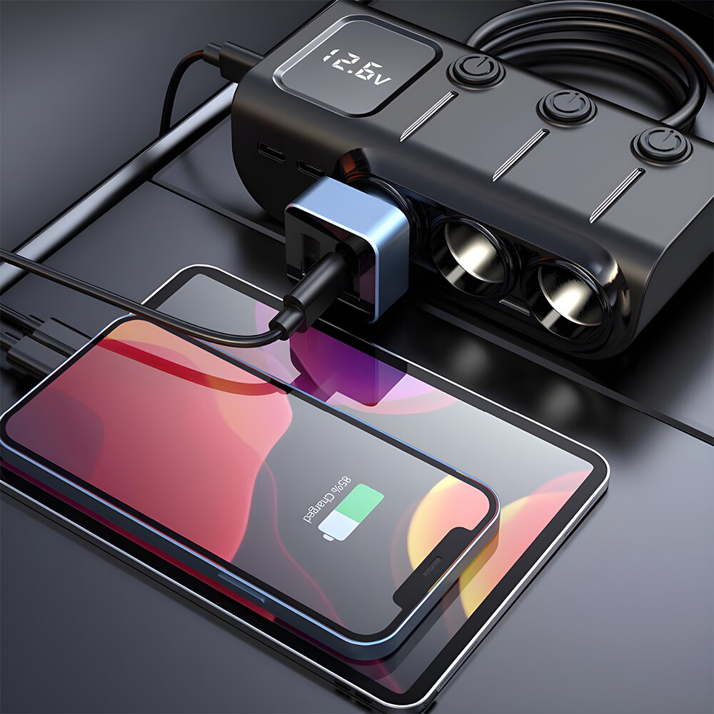 Set adaptor priza auto multisocket 120W, 3x soclu auto, 3x port USB ...