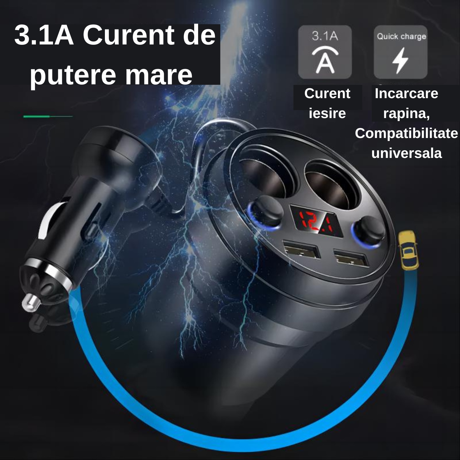 Incarcator Auto Inteligent, 2 splitter bricheta, 2x USB 3.1 A, Afisaj ...