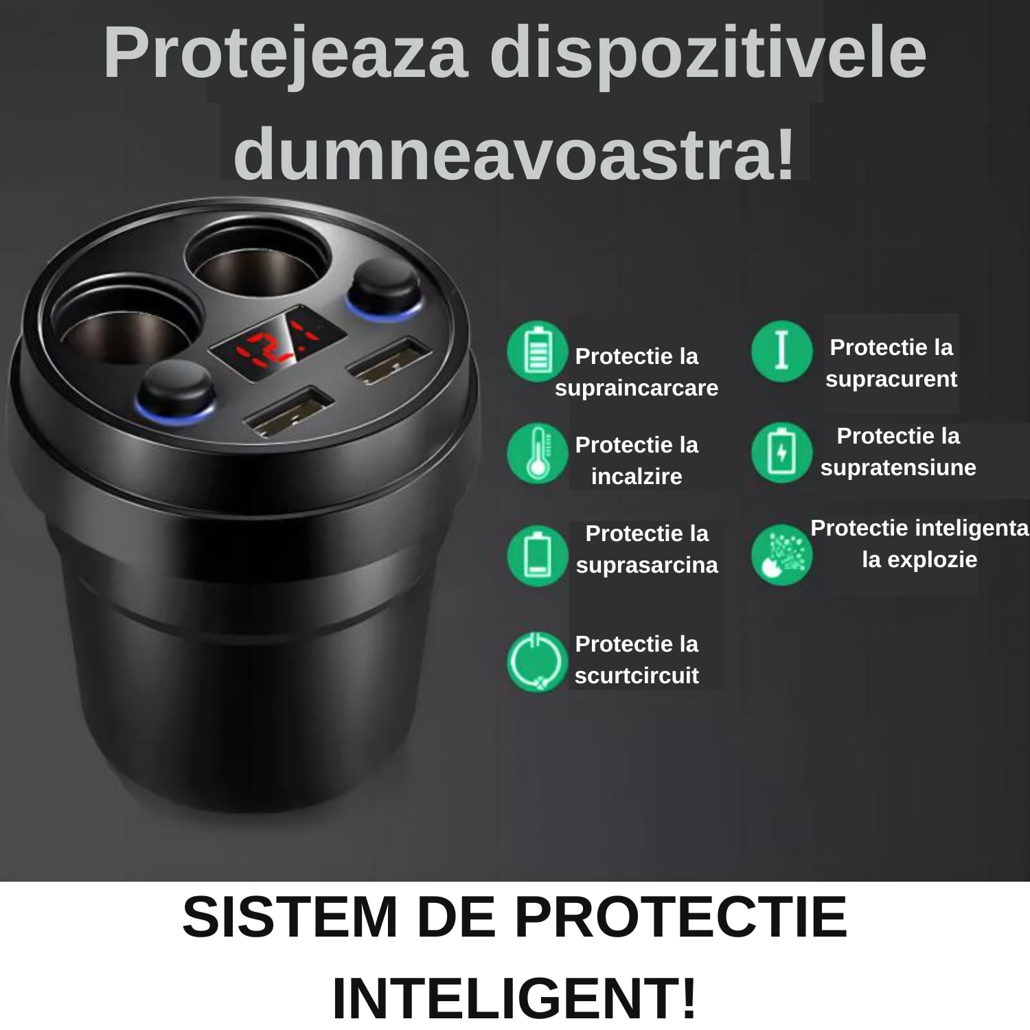 Incarcator Auto Inteligent, 2 splitter bricheta, 2x USB 3.1 A, Afisaj ...