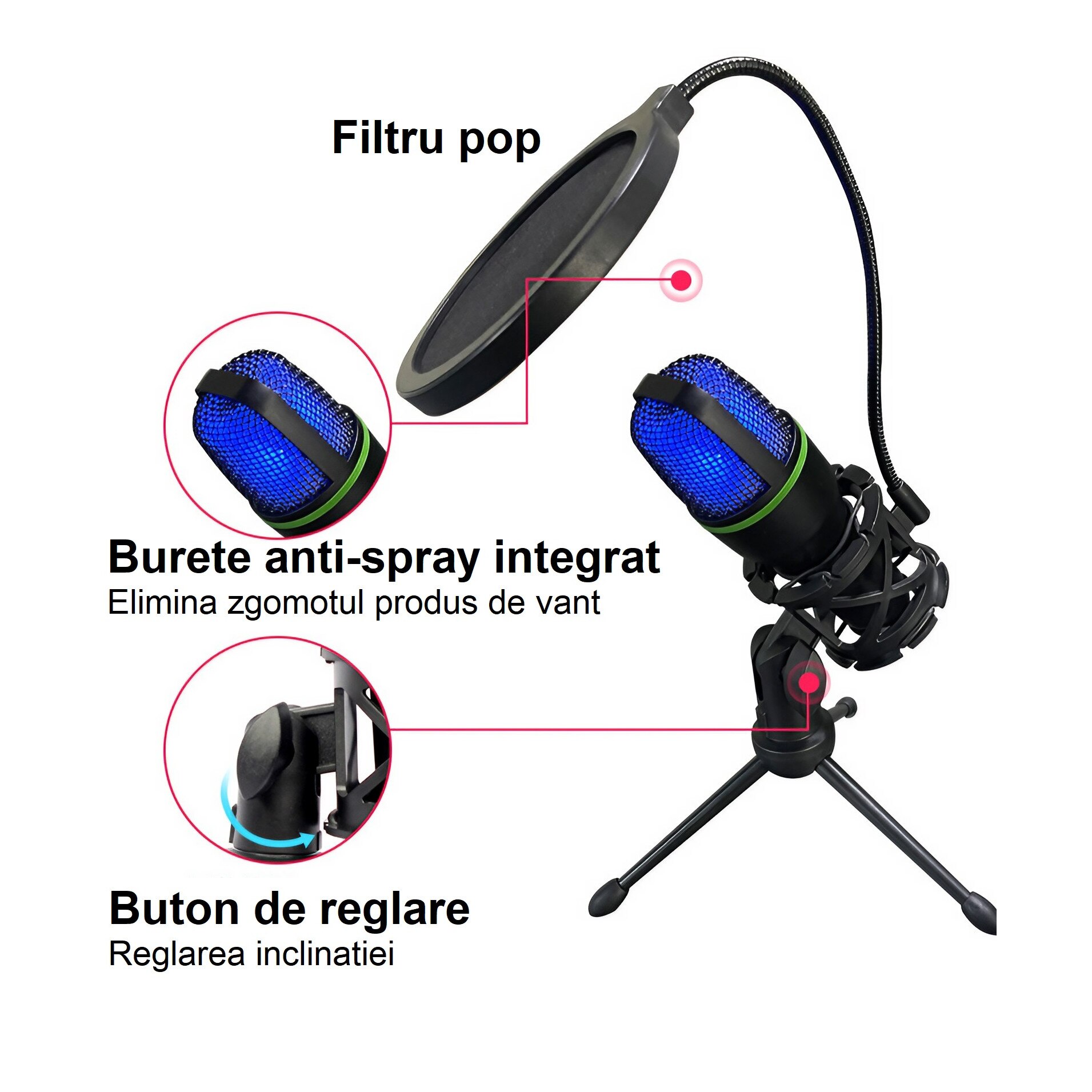 Microfon condensator AxaCube® pentru gaming, streaming, inregistrari ...