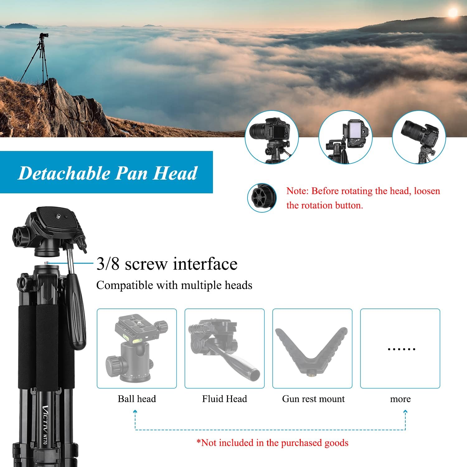 Trepied foto telescopic 52-185 cm, telescopic, cu cap panoramic 360 ...