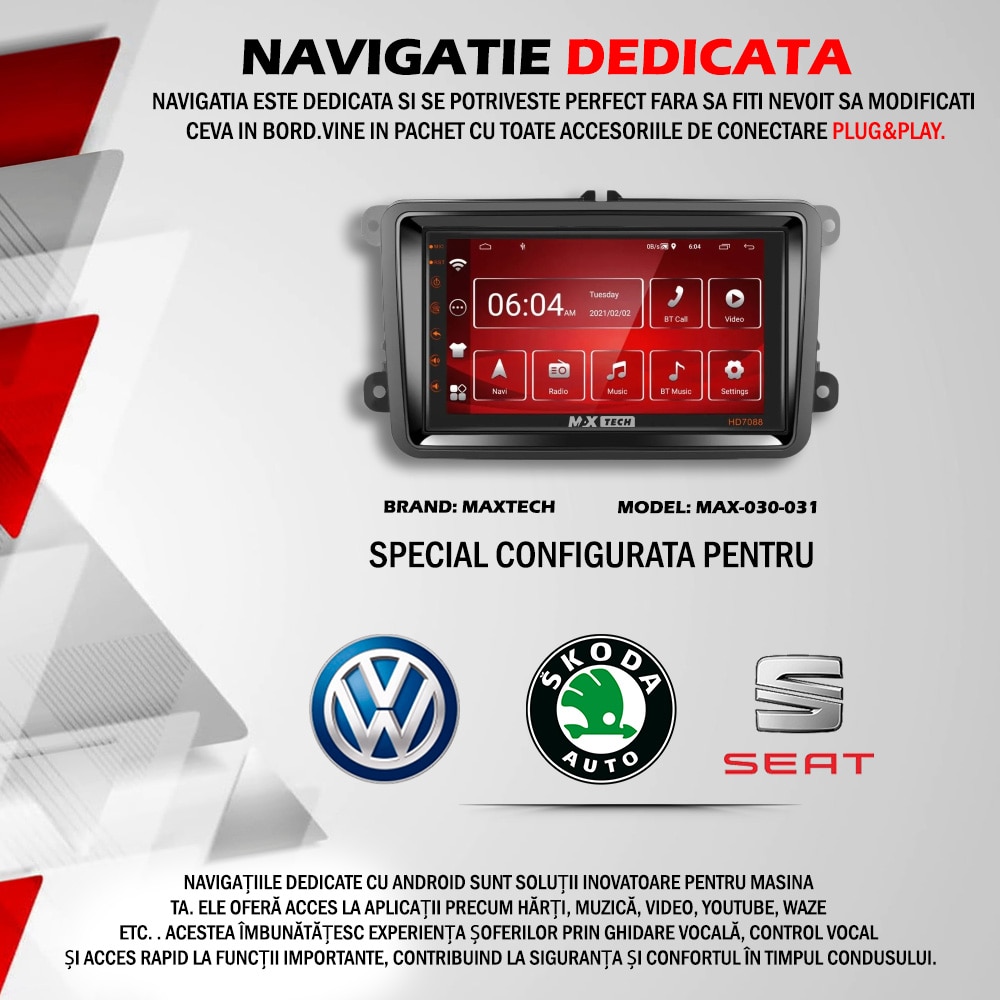 Navigatie Volkswagen/Skoda/Seat dedicata, MaxTech®, Android 13, Cu ecran de 7 Inch, functii WIFI ...