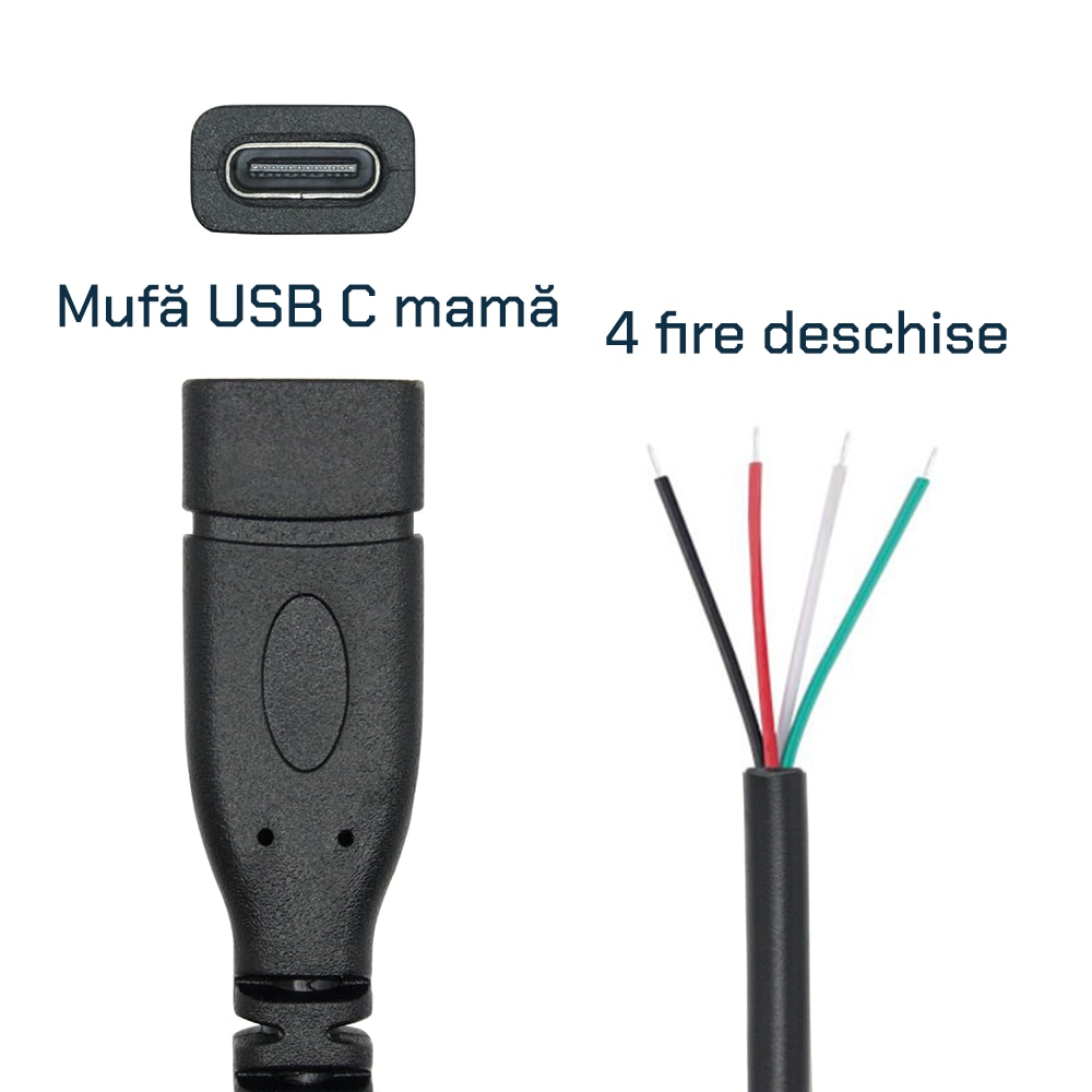 Cablu cu mufa USB 2.0 Type-C mama la 4 fire deschise, 25 cm, negru ...