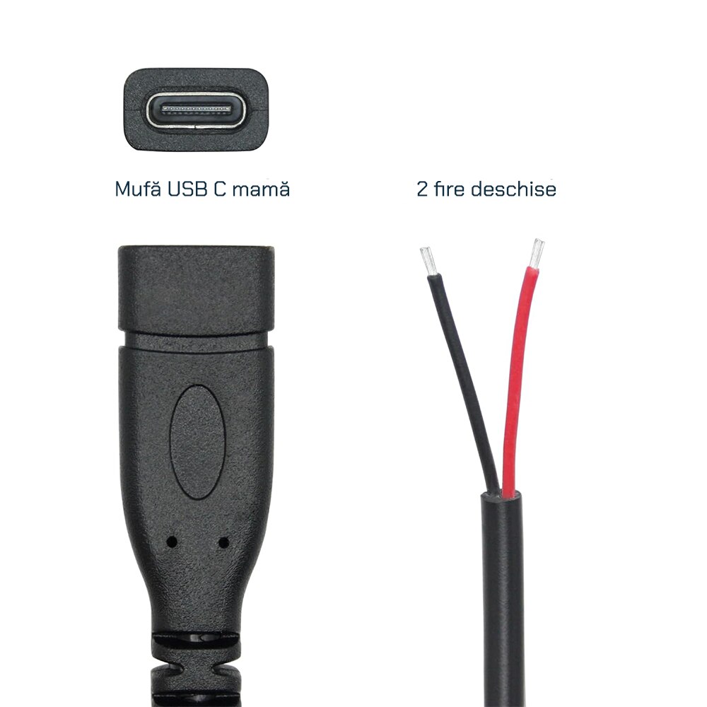Cablu cu mufa USB 2.0 Type-C mama la 2 fire deschise, 25 cm, negru ...