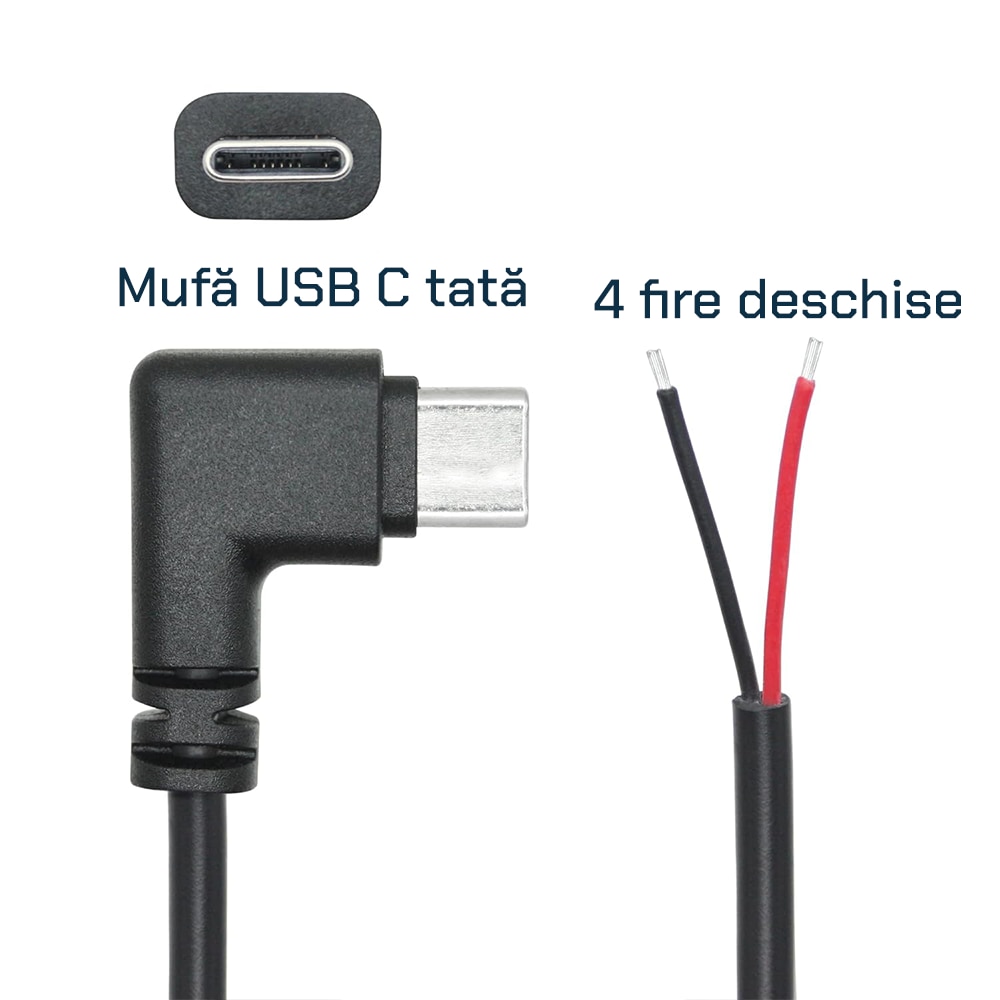 Cablu cu mufa USB 2.0 Type-C unghi 90 grade tata la 2 fire deschise, 25 ...