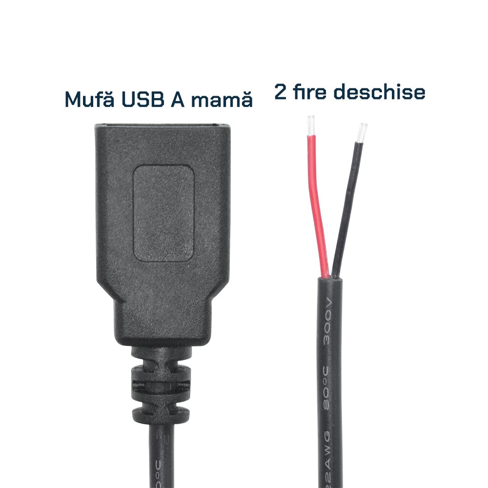 Cablu cu mufa USB A 2.0 mama la 2 fire deschise, 25 cm, negru - eMAG.ro