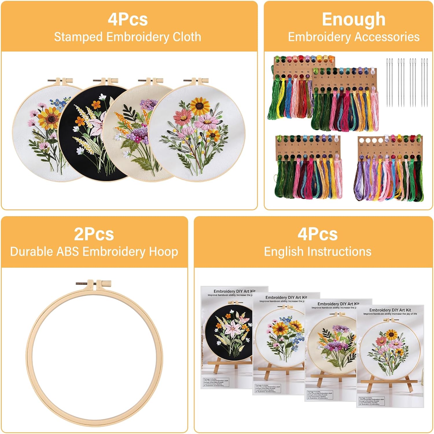 Kit broderie, modele florale, 4 seturi, 20 cm, Multicolor - eMAG.ro