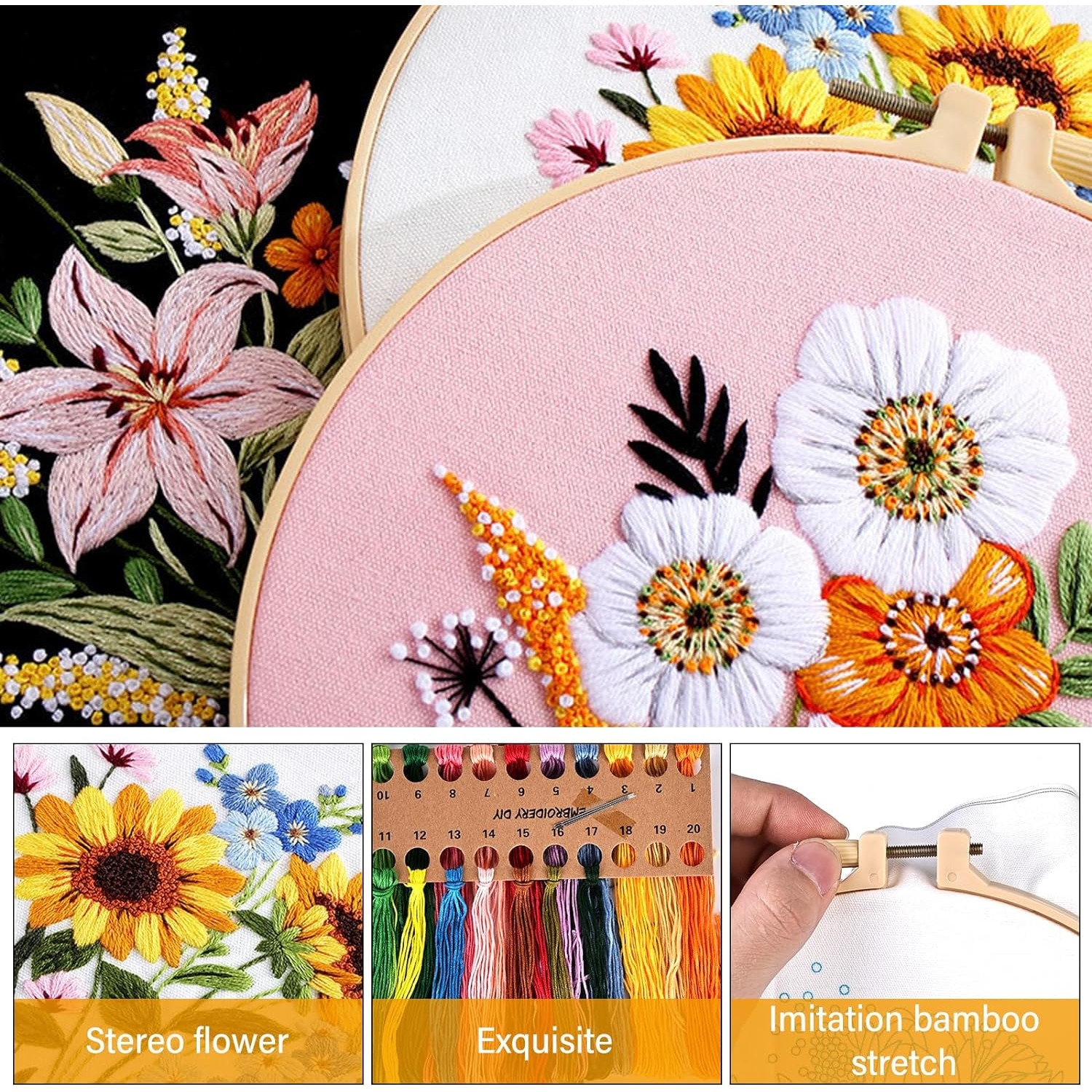Kit broderie, modele florale, 4 seturi, 20 cm, Multicolor - eMAG.ro