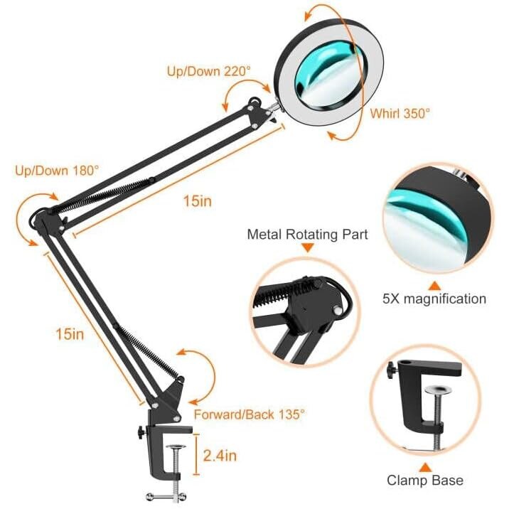Lupa LED cu magnificatie x5, 3000K-4000K-6500K, 75 cm, sticla si metal ...