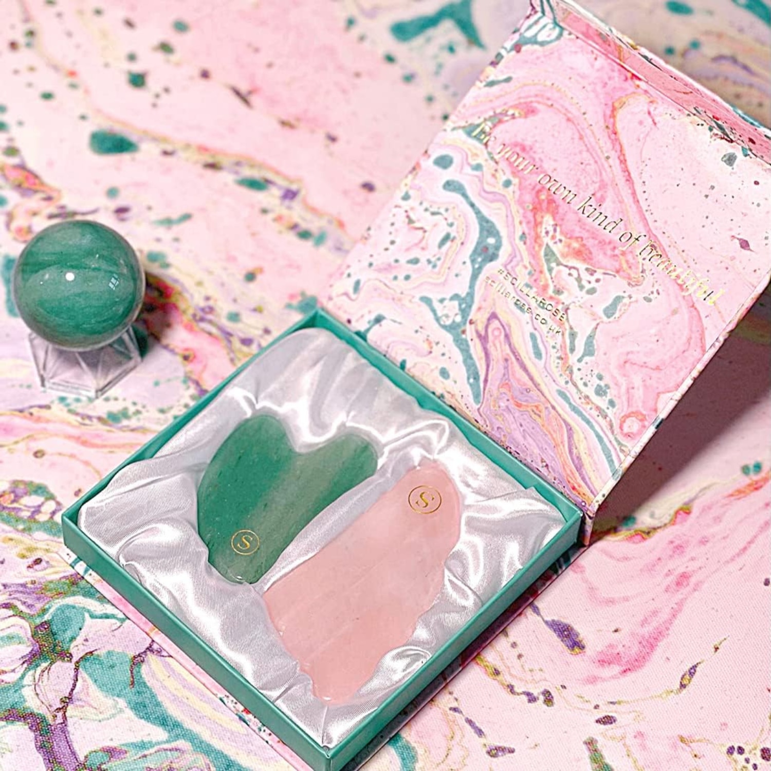 Set pentru masaj facial cu jad verde si cuart roz, pietre pure si ...