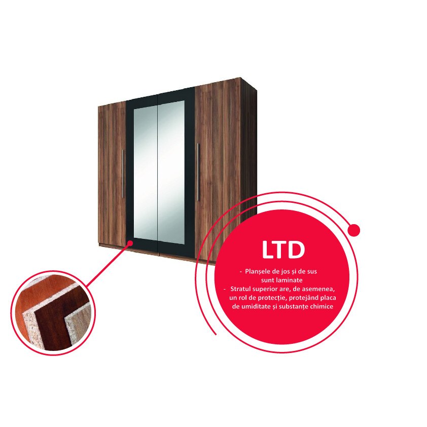 Dulap dormitor cu oglinda ERA (20), nuc rosu/negru - eMAG.ro