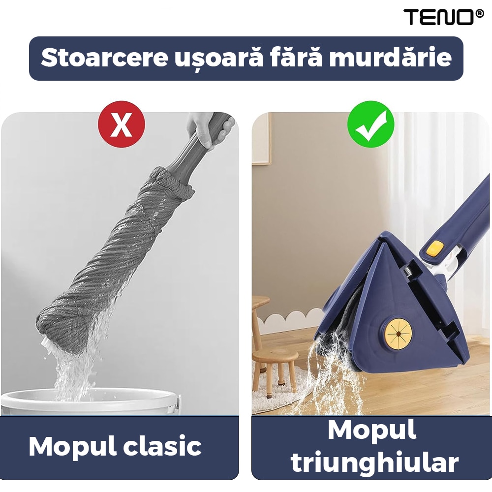 Mop cu Cap Triunghiular Teno®, rotire 360 grade, telescopic, curatare ...