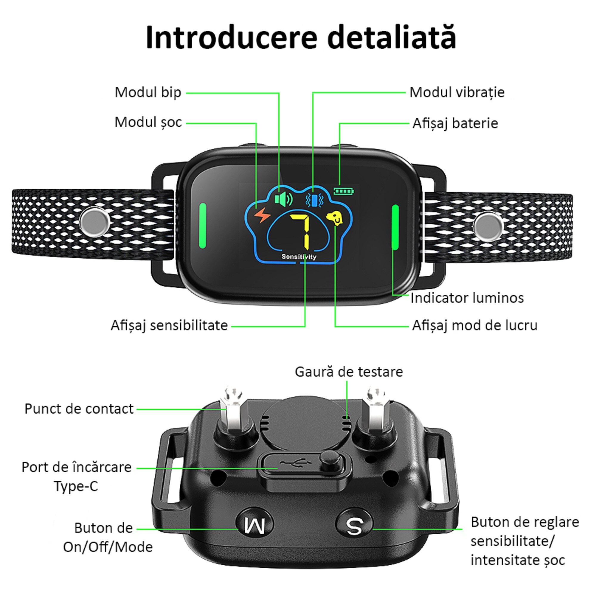 Zgarda Antilatrat Profesionala ENZIRO™, Ajustabila, Display, 5 Moduri ...