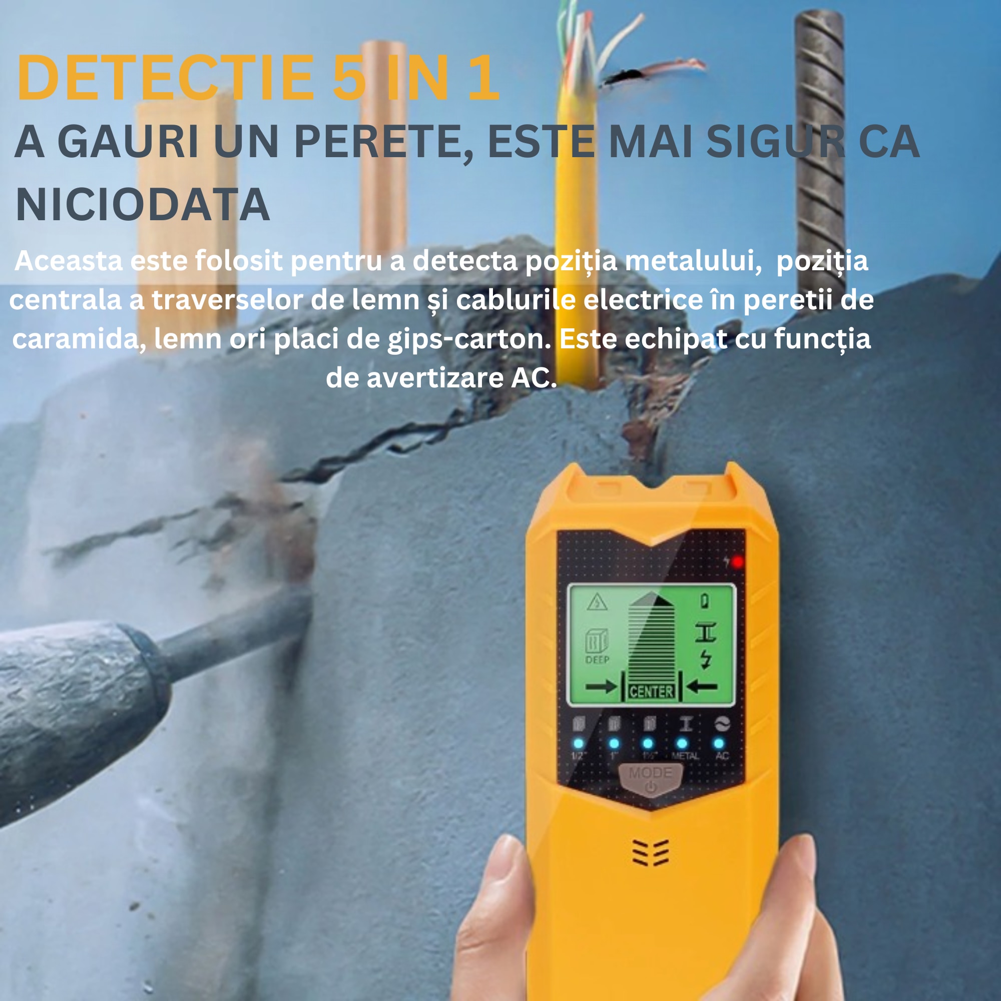 Detector 5-in-1, Scaner de Perete, Localizare Cabluri Electrice, Metale ...