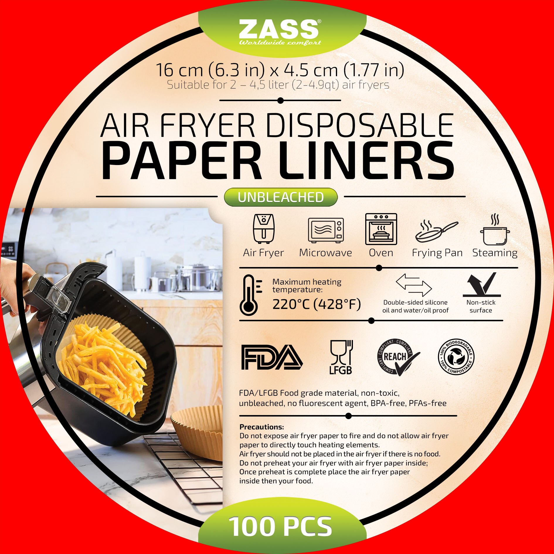 Set 100 buc Hartie de copt pentru airfryer ZASS ZPL 01, 16 cm, forma ...