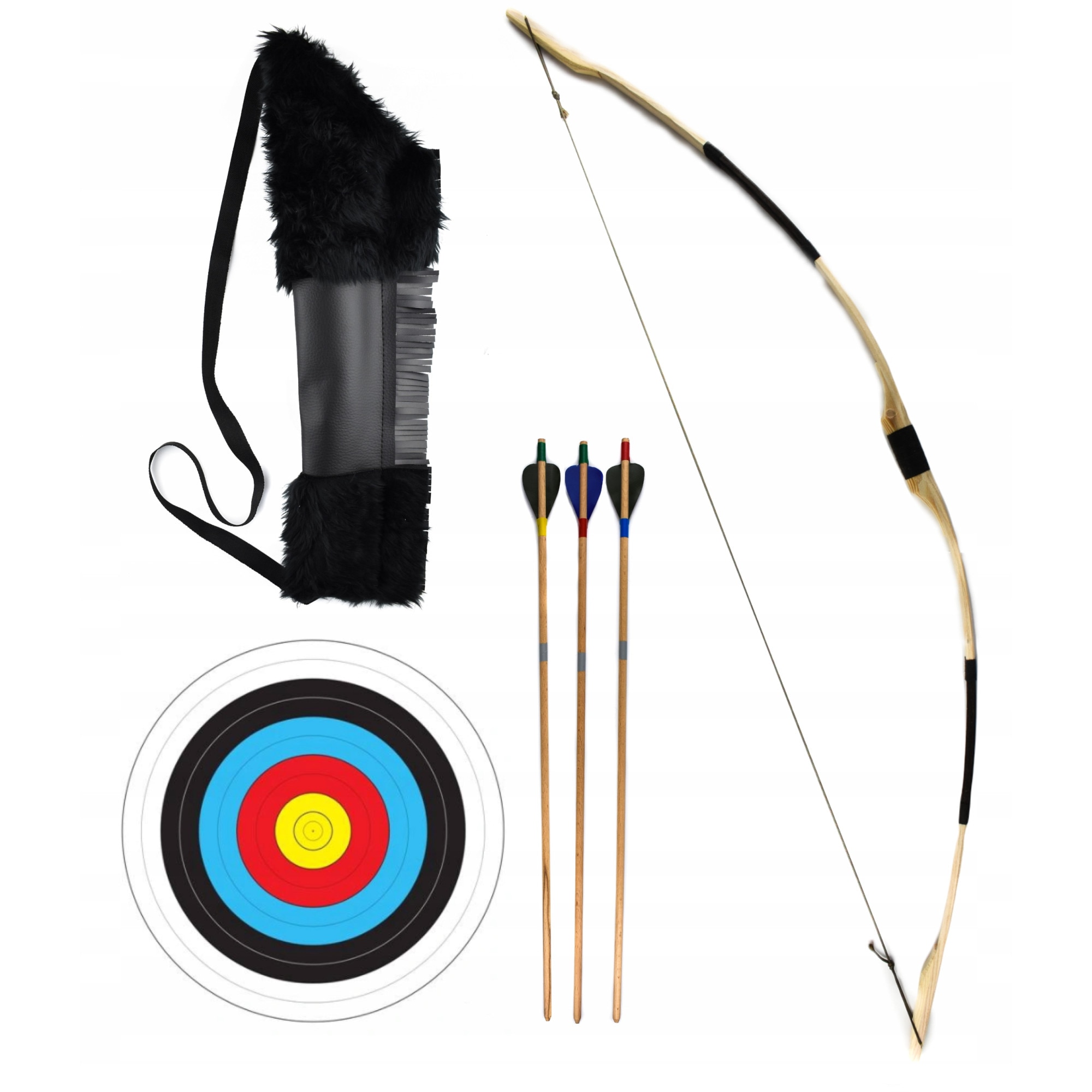 Set arc, tolba, 3 sageti si tinta, Lemn, 115 cm, Multicolor - eMAG.ro