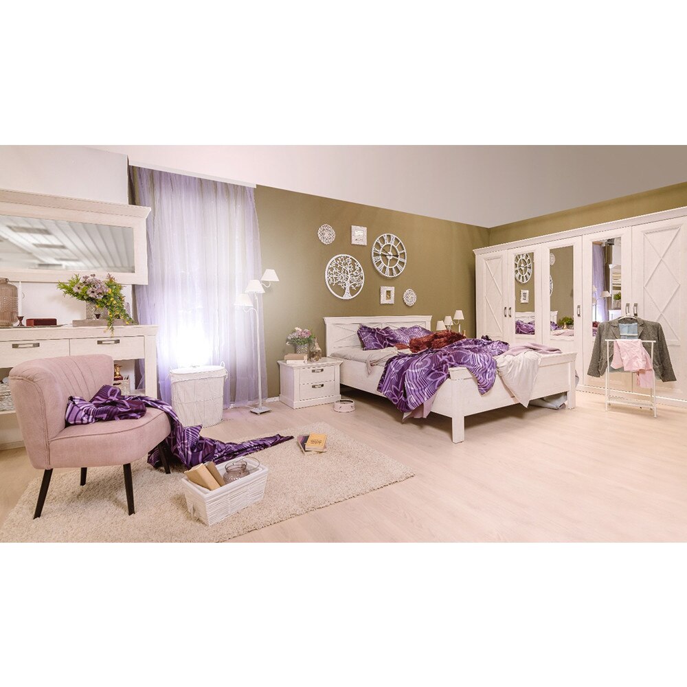 Set Mobila Dormitor Kashmir, Alb Antichizat, Cu Pat 180 X 200 Cm, Dulap ...