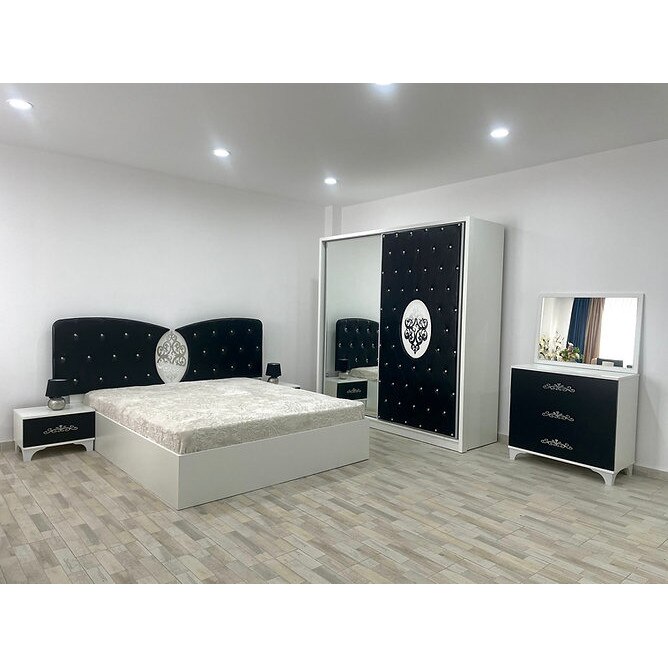 Dormitor Viena, culoare alb / negru, cu pat tapitat 160 x 200 cm, dulap ...