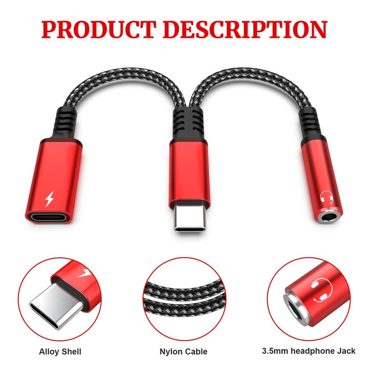 Set 2 Adaptor audio 2 in 1 casti USB Tip C la Jack 3.5mm, Aisdelu ...