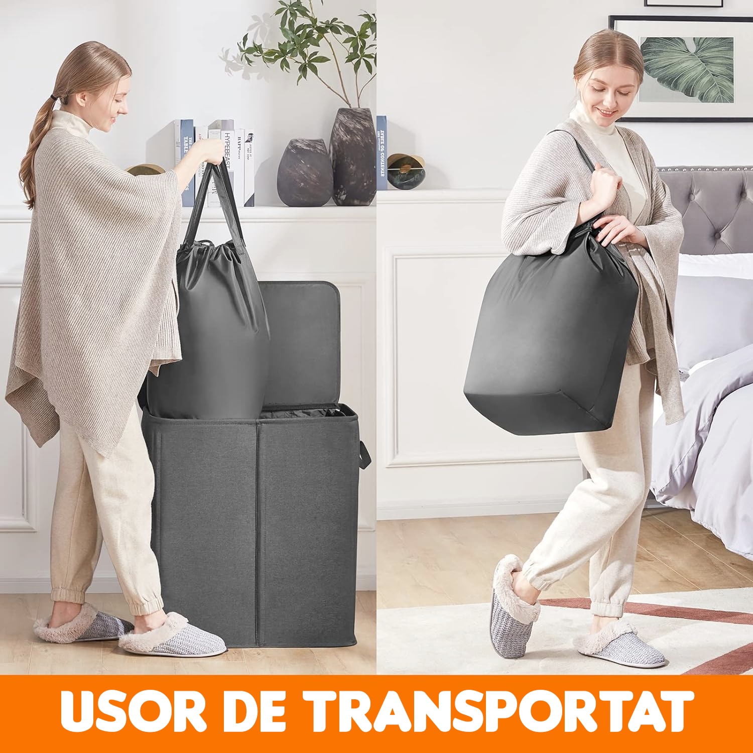 Cos de rufe dublu cu capac si manere, saci de rufe detasabili ...