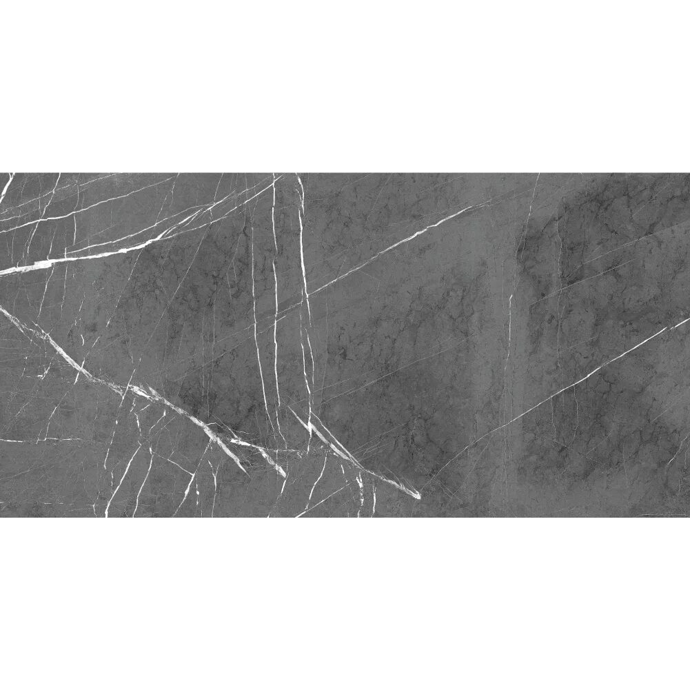 Gresie rectificata Pulpis Dark Grey Brillo, model marmura, 60x120 cm, gri inchis, finisaj lucios ...