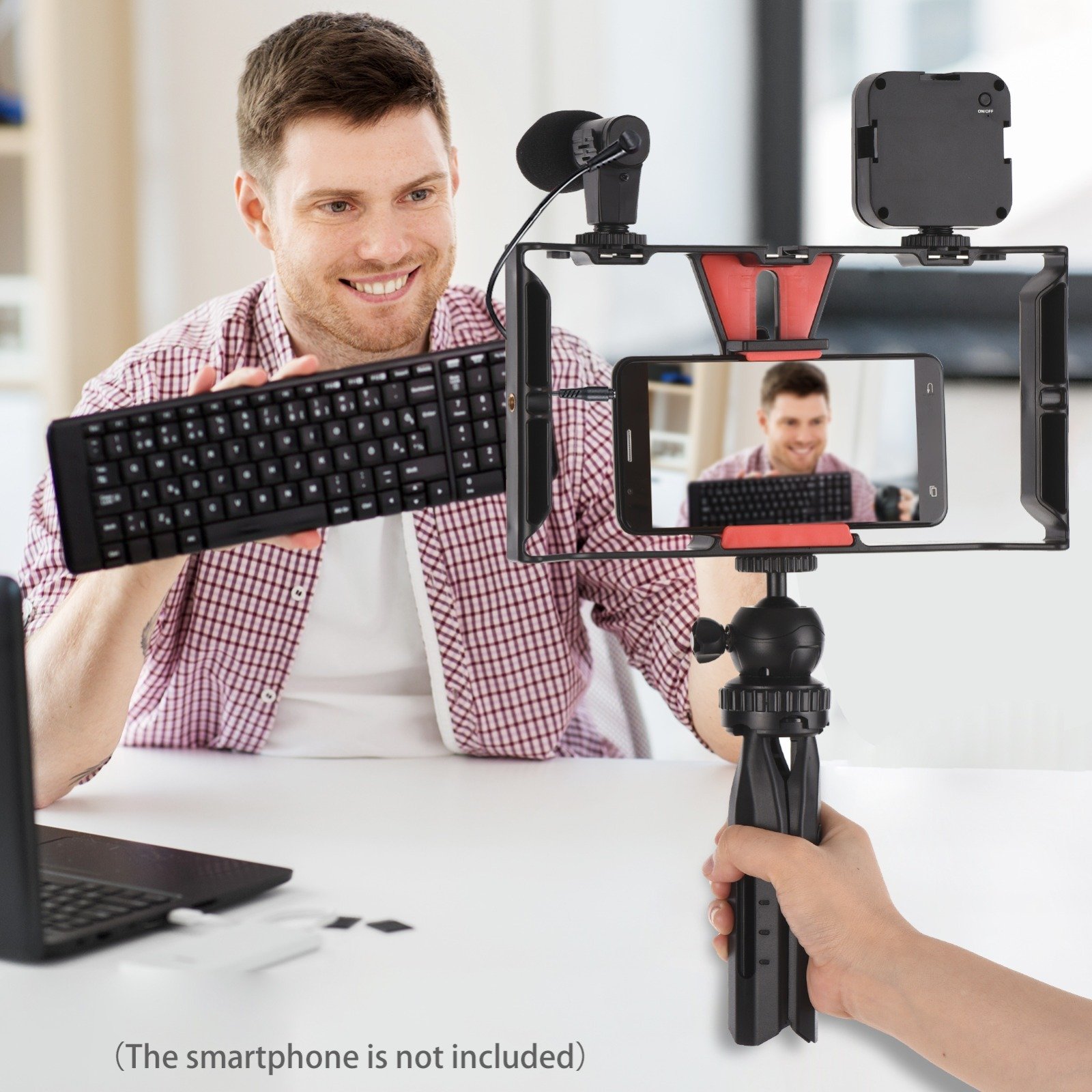 Kit vlogging profesional, trepied, suport telefon, microfon, mini panou ...