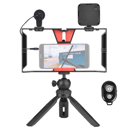 Kit vlogging profesional, trepied, suport telefon, microfon, mini panou ...