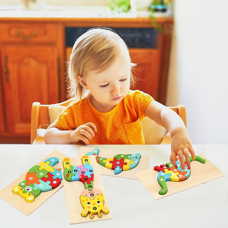 Set Puzzle copii, Lemn, 4 Bucati,3ani+, model Animale,3D, Multicolor ...