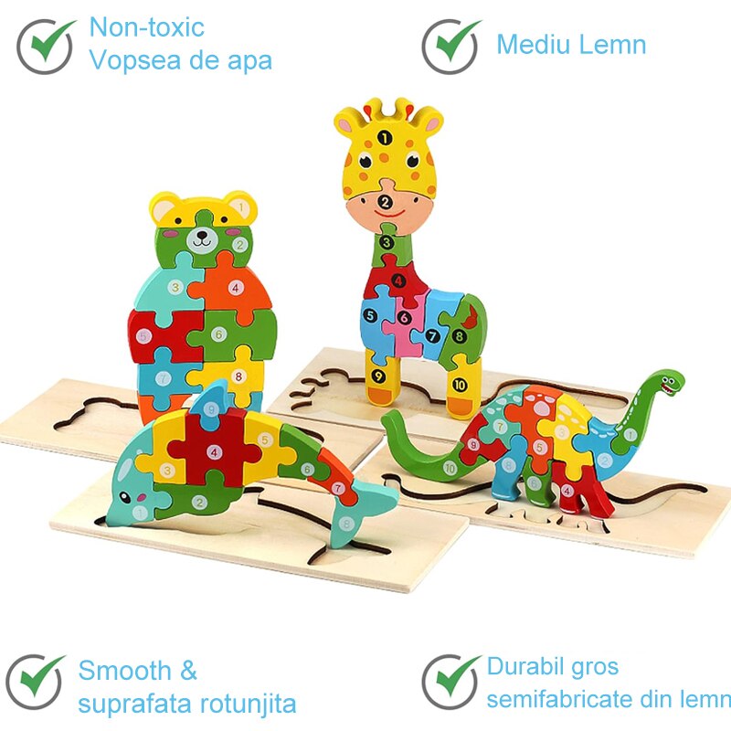 Set Puzzle copii, Lemn, 4 Bucati,3ani+, model Animale,3D, Multicolor ...