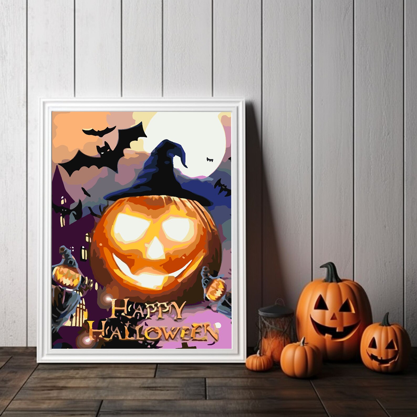Set pictura pe numere Happy Halloween 3605, panza bumbac pe rama lemn ...
