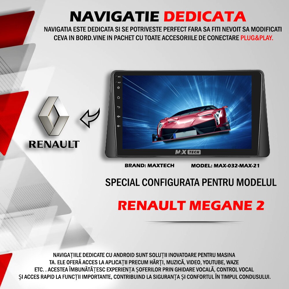Navigatie Renault Megane 2 dedicata, MaxTech®, Android 13, ecran de 9 ...