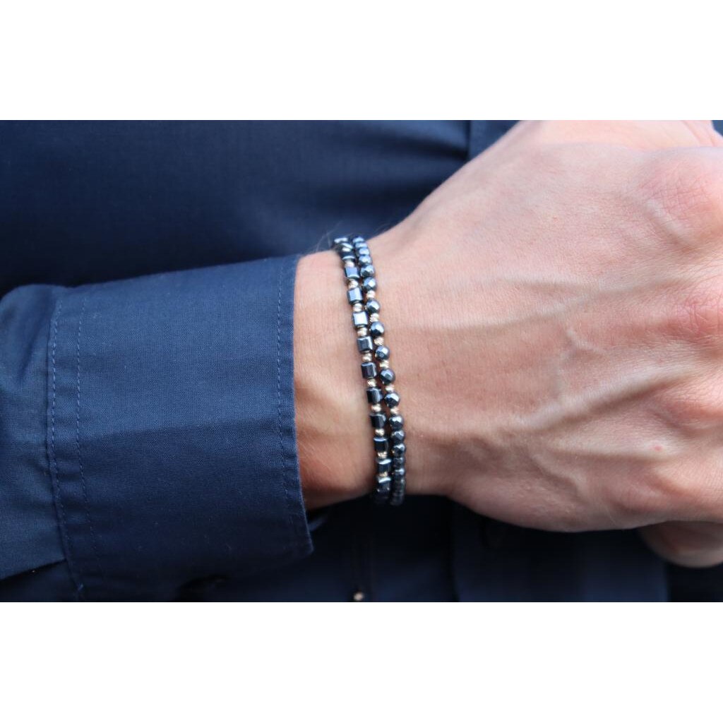 Set bratari cu bilute de aur 14K, pietre Hematit fatetat si cuburi ...