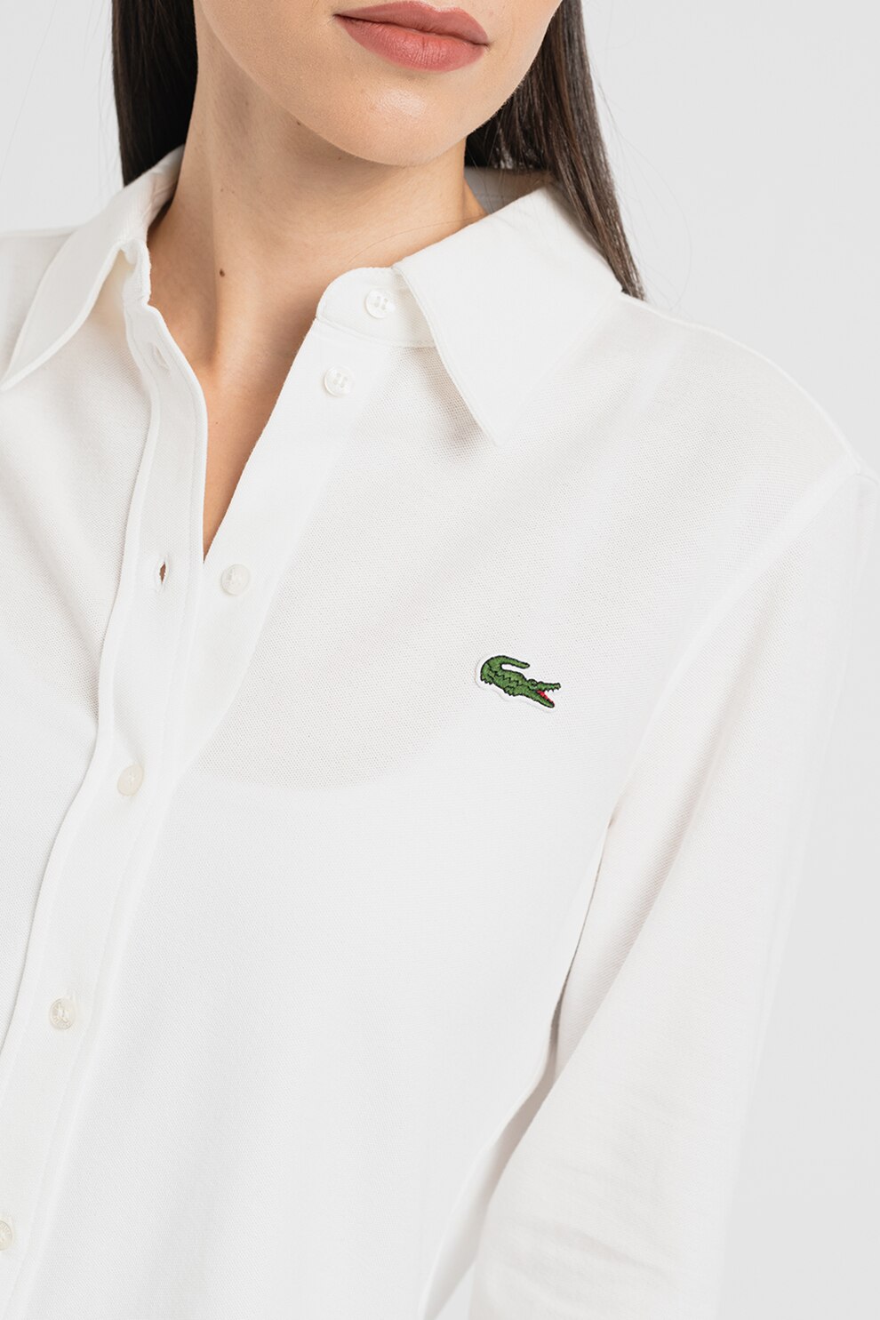 Lacoste, Памучна риза с лого, Мръснобял, 42 - eMAG.bg