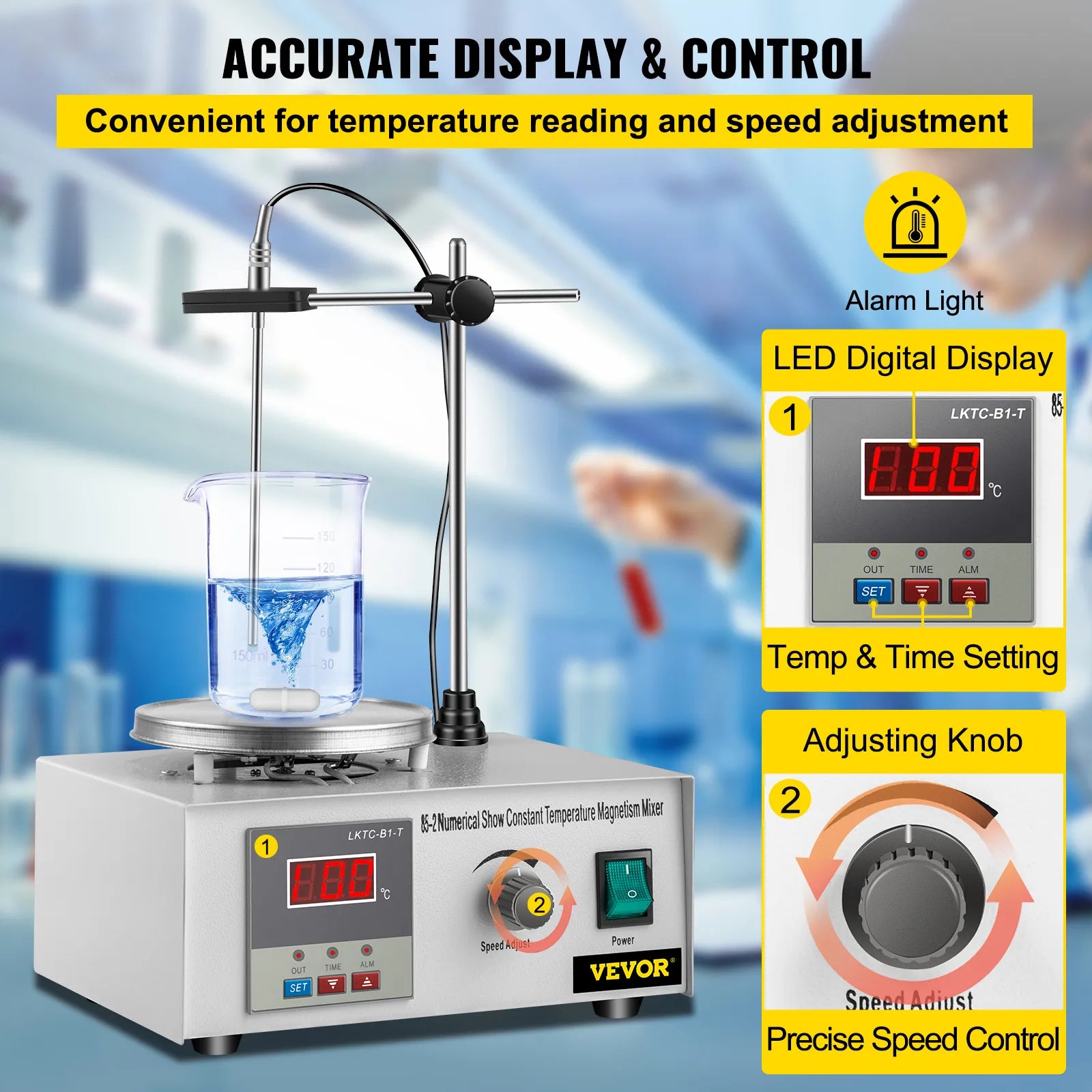 Agitator magnetic, Vevor, 1L, 220V, 200W, 2000rpm, otel inoxidabil ...