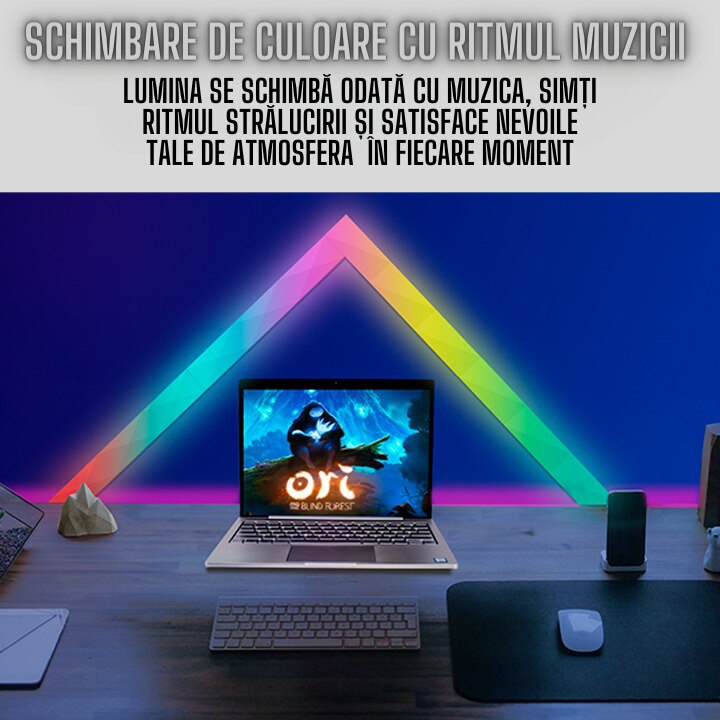 Kit 9 panouri LED RGBW luminoase modulare inteligente, Wi-Fi ...