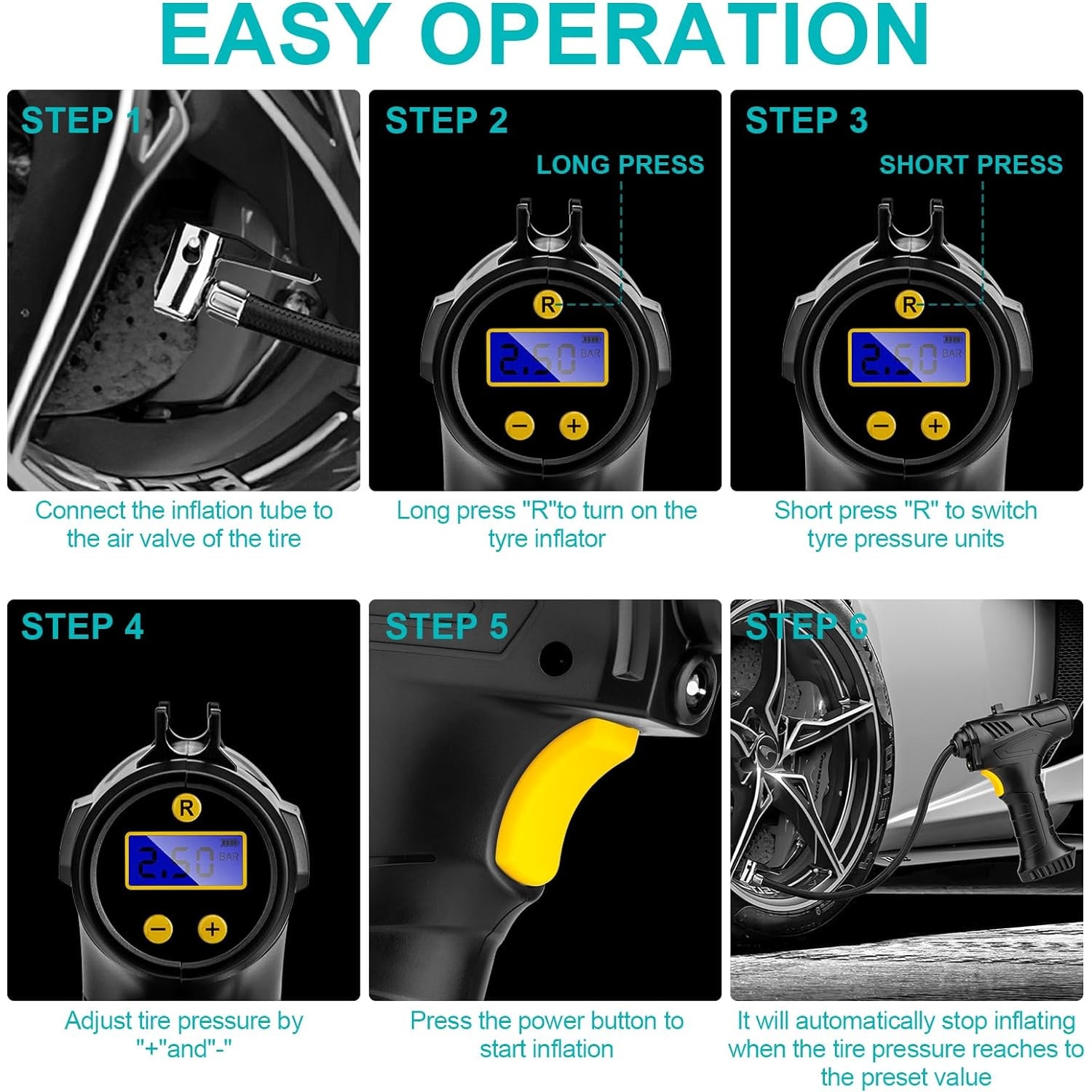 Mini Compresor Auto Portabil cu Acumulator, Maxim 10 BAR / 150 PSI ...