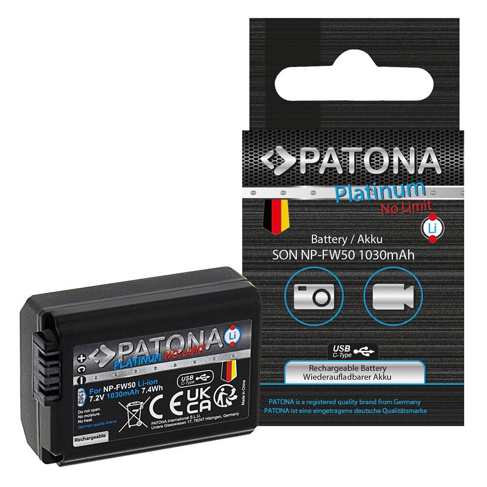 Acumulator Patona Platinum NP-FW50 port USB-C, 1030 mAh, pentru Sony NP-FW50 NEX.3 NEX.3C NEX.5 ...
