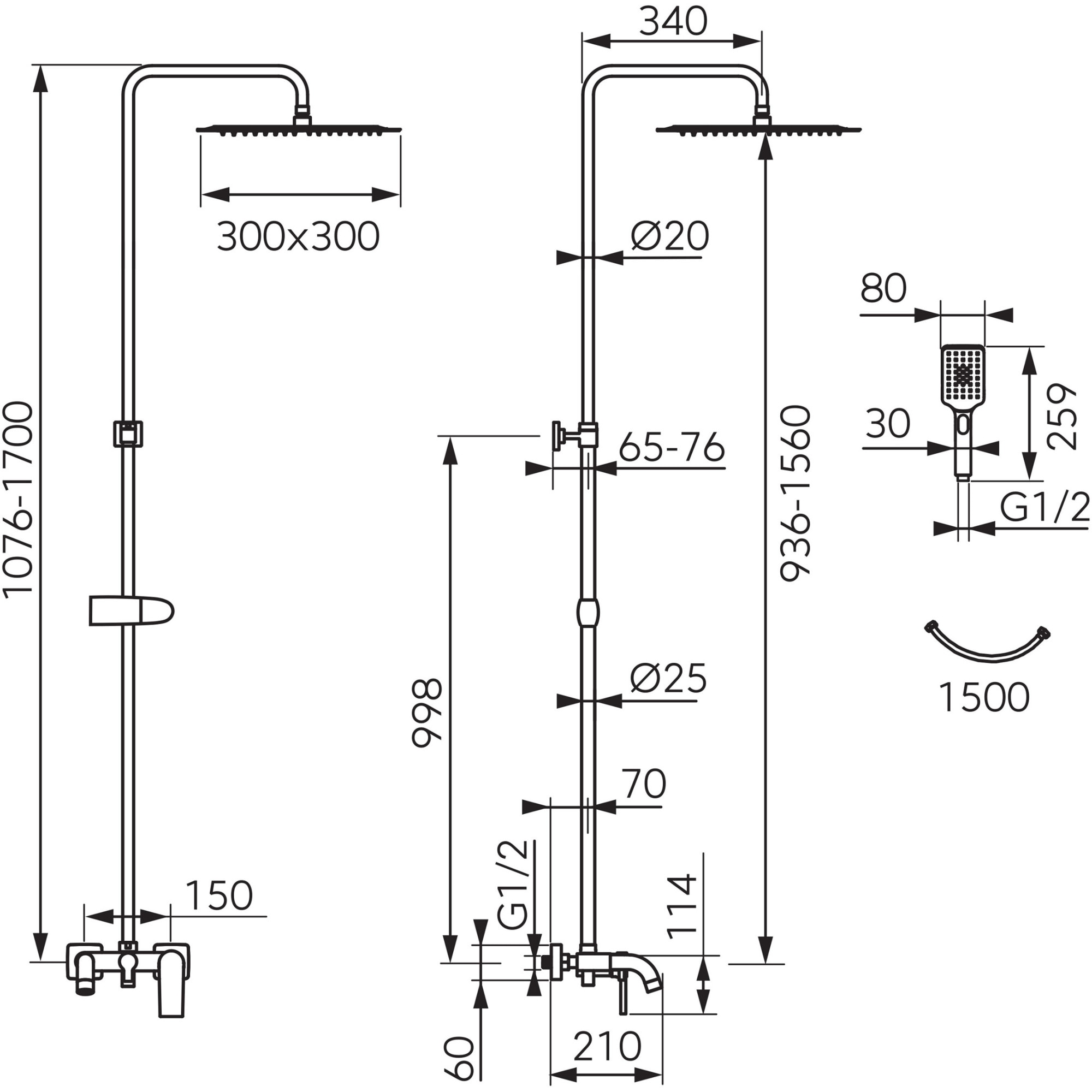 Set dus 2 in 1 Ferro Algeo Square, Baterie perete cada/dus + Set bara ...