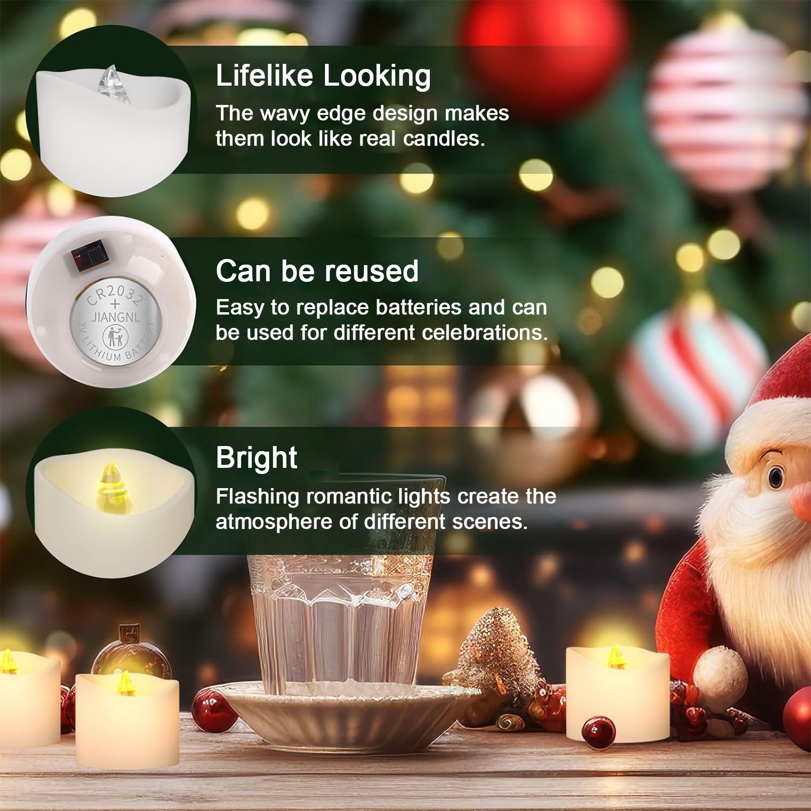 Set 24 lumanari iluminate cu led, NUODWELL, Efect de flacara reala, cu ...