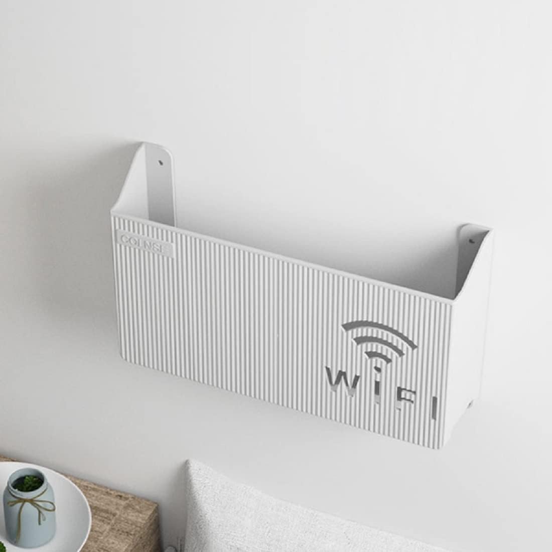 Raft de perete pentru router, Plastic, cu design perforat, Alb, cu ...