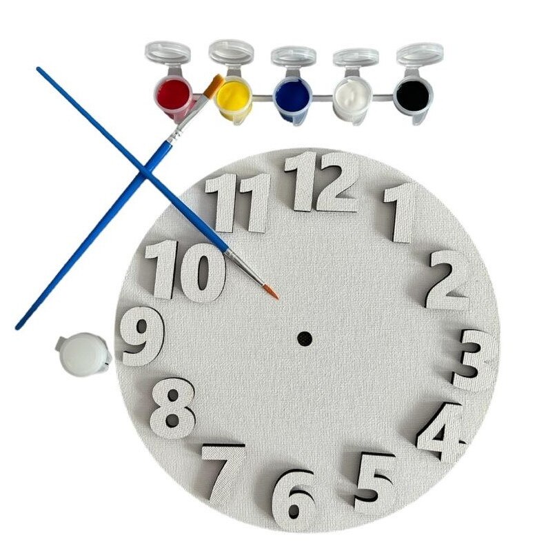 Kit DIY ceas de pictat, MamaLuiRadu, canvas bumbac, 20 cm, 5 acuarele ...