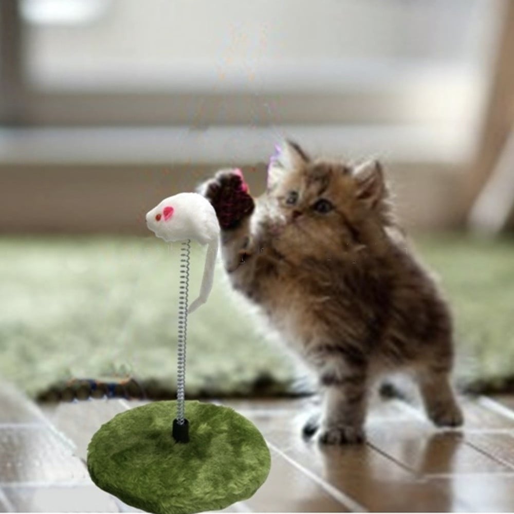 Jucarie interactiva Pufo cu suport, arc si soricel alb pentru pisici ...