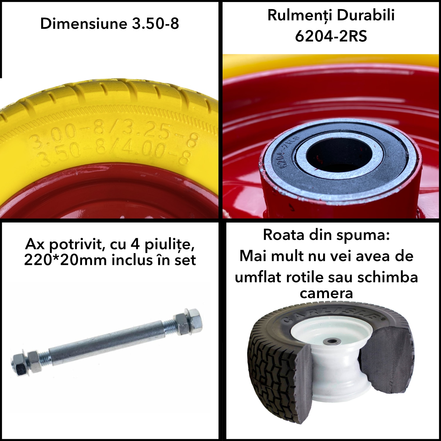Roata roaba 350 mm x 8", fara camera, din poliuretan, rulment 6402-RS2 ...