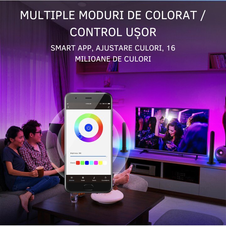 Set 2 lampi led smart RGB, lumina ambientala, sincronizare sonora, joc de lumini, bluetooth ...