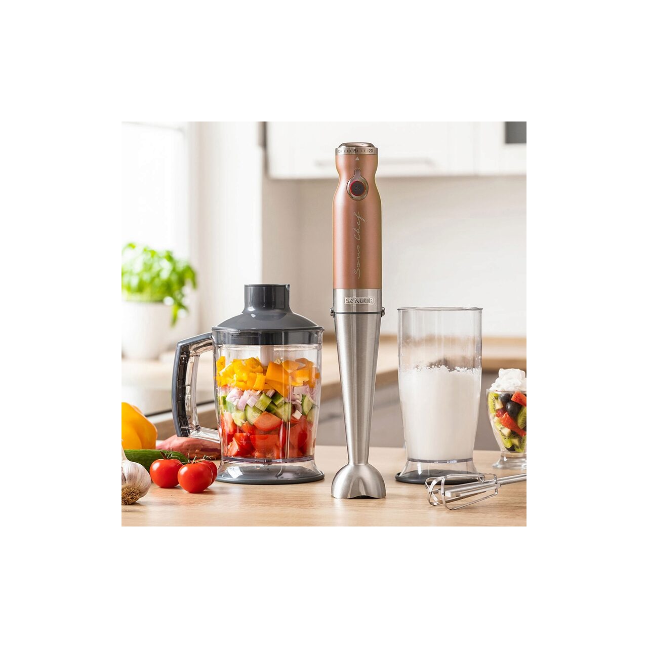 Blender de mana Brown 4 IN 1, putere 1200W, 2 viteze, cutite inox - eMAG.ro