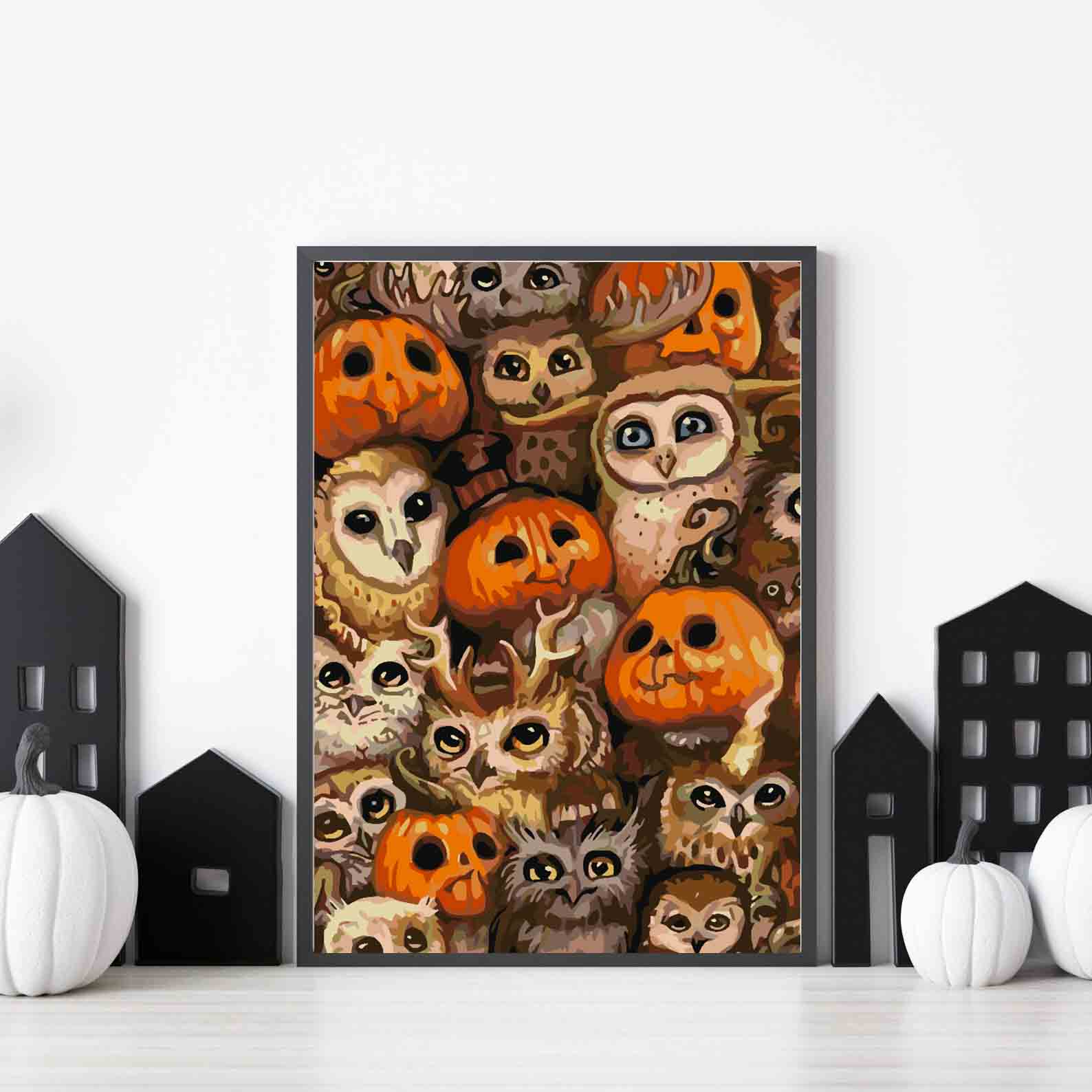 Set pictura pe numere Bufnite si dovleci 3647, panza bumbac pe rama ...