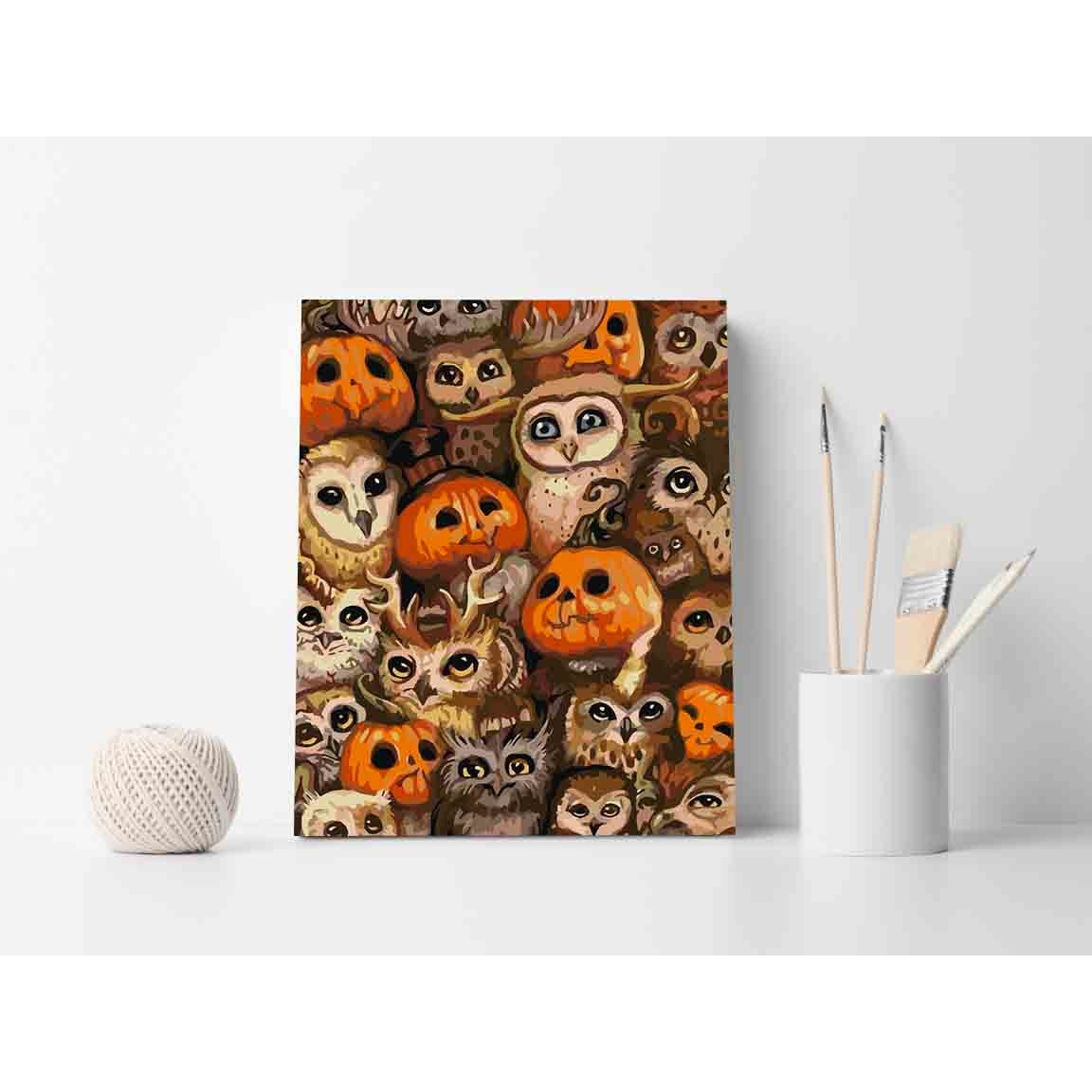 Set pictura pe numere Bufnite si dovleci 3647, panza bumbac pe rama ...