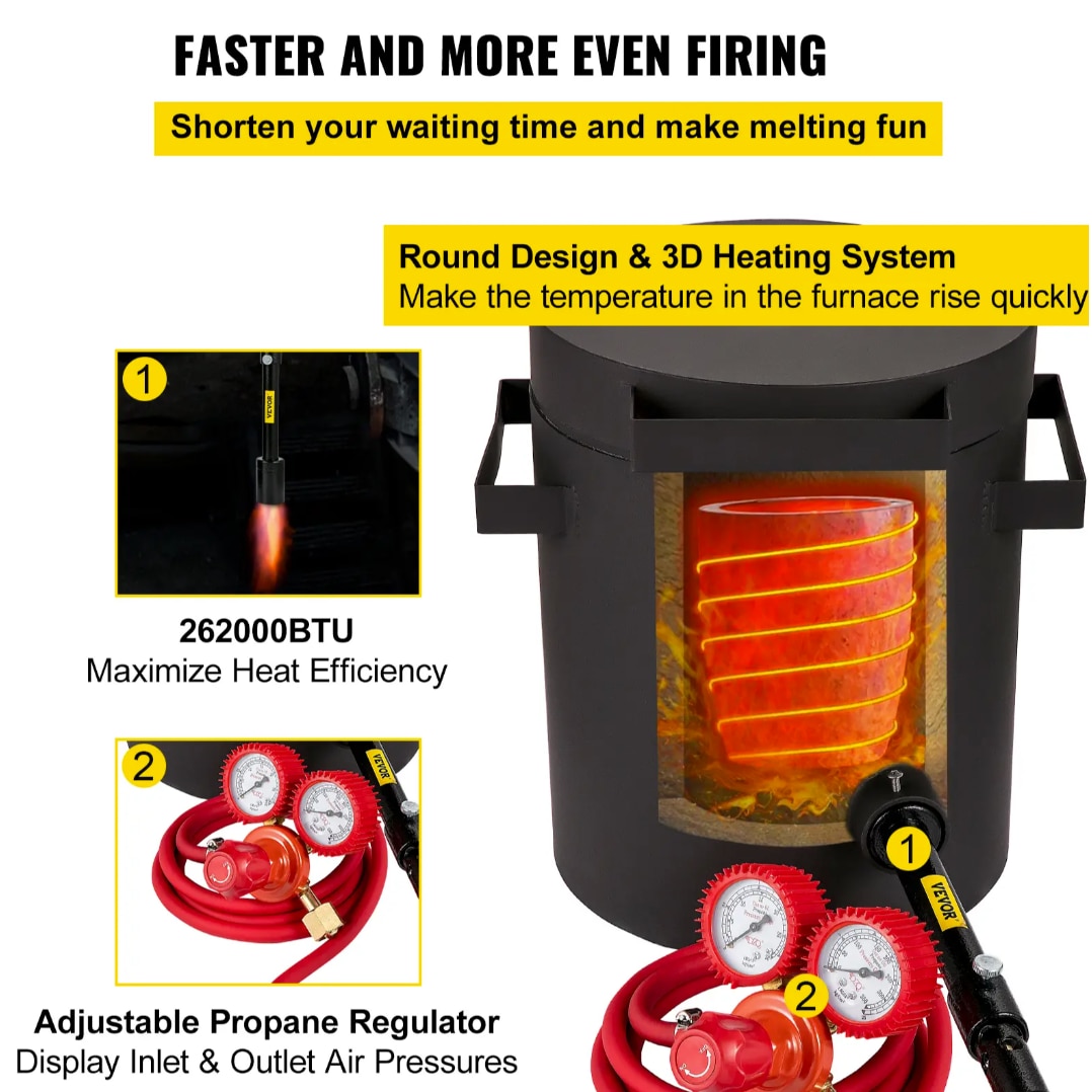 Set cuptor de topire metale LYB10, Vevor, Capacitate 10 Kg, 1450°C, 10 ...