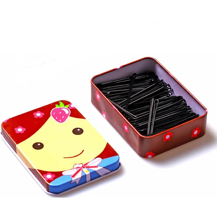 Set agrafe de par Ardette, SA100F, Negre, 100 bucati, in cutie metalica ...