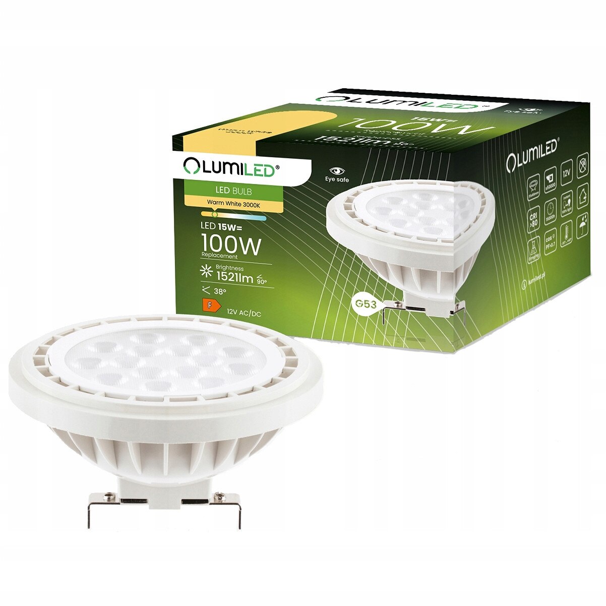 LED крушка G53 AR111 15W 100W 1521lm 3000K 12V LUMILED - eMAG.bg